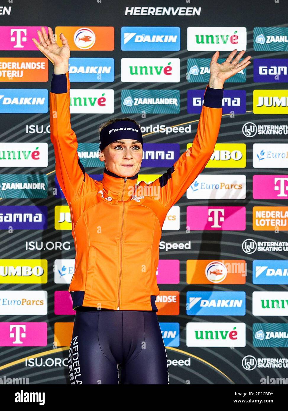 HERENVEEN - Irene Schouten (NED) on the podium after the final mass start for women at the ISU ...