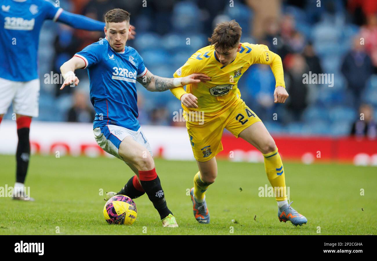 Rangers Ryan Kent and Kilmarnocks’ Luke Chambers during the cinch Premiership match at Ibrox ...