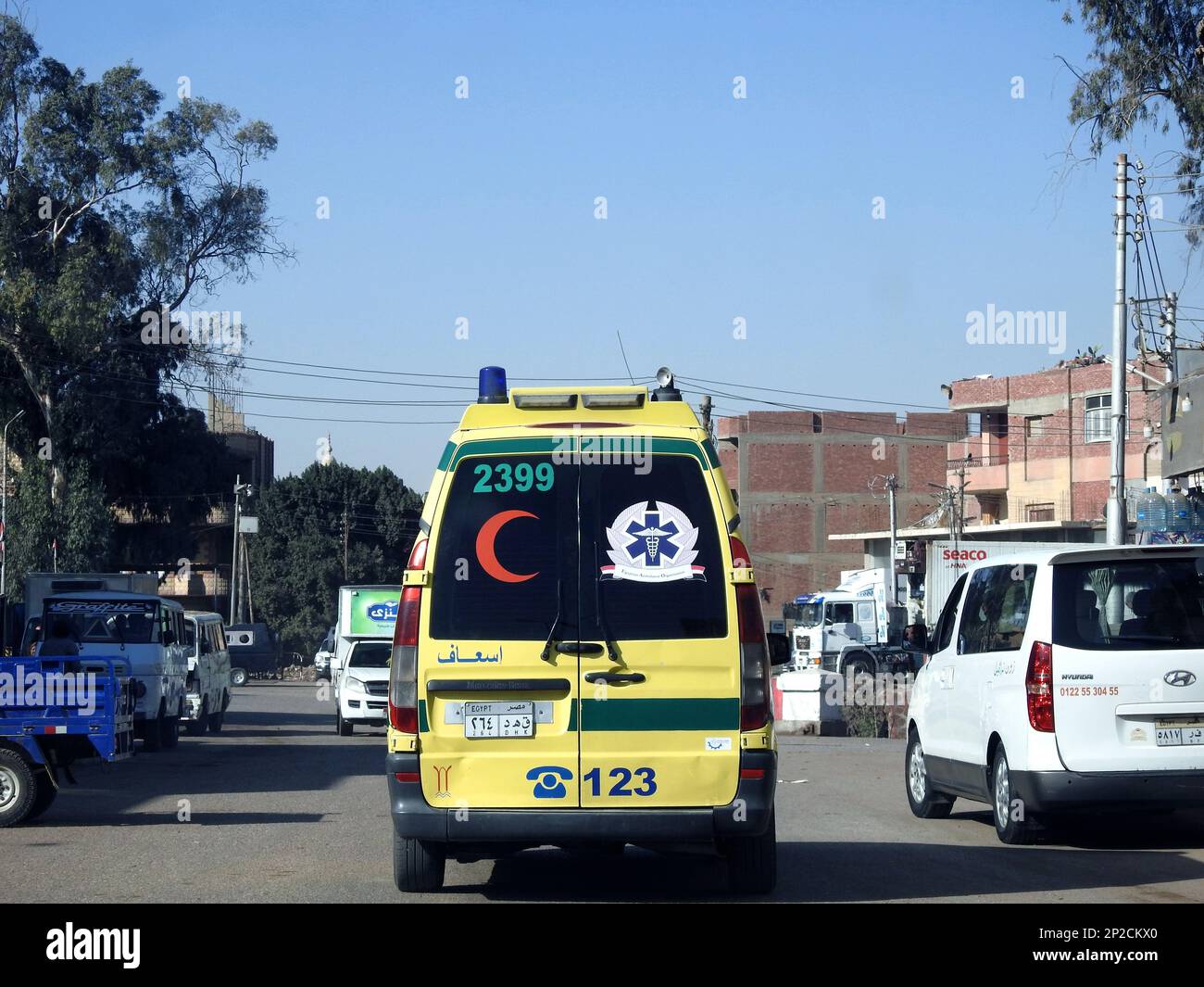 Giza, Egypt, January 26 2023: Ambulance on road responding for an ...