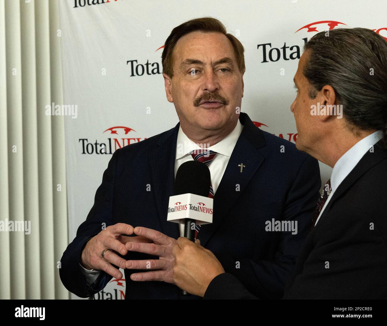 Mike Lindell, CEO of MyPillow, is interviewed outside the 2023 ...