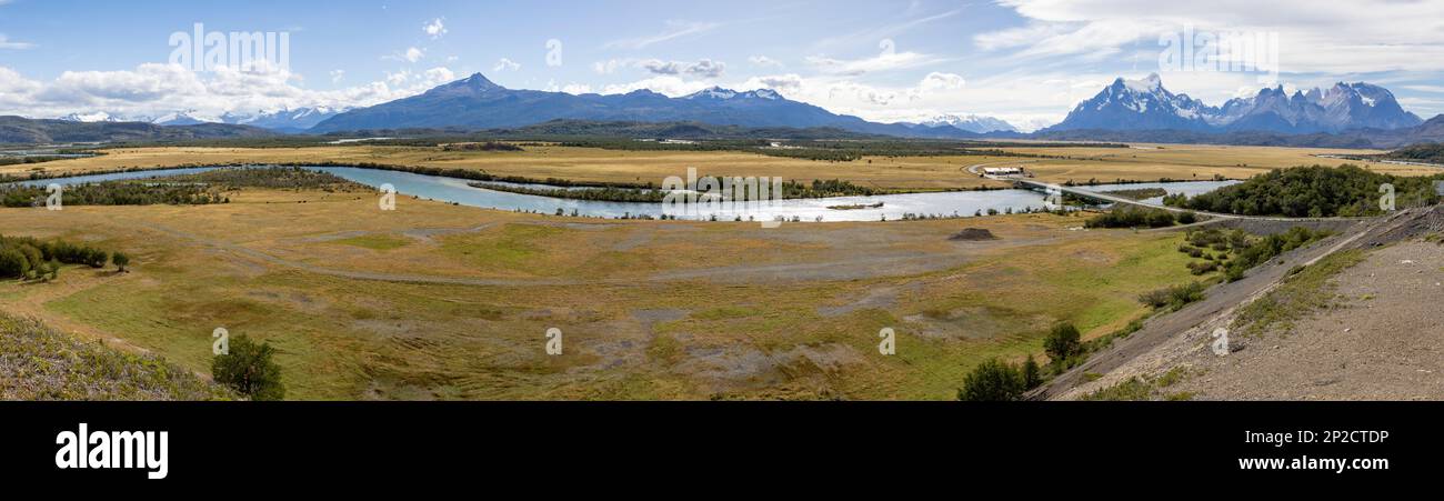 Patagonian forest, golden Pampas and River Serrano at Torres del Paine ...