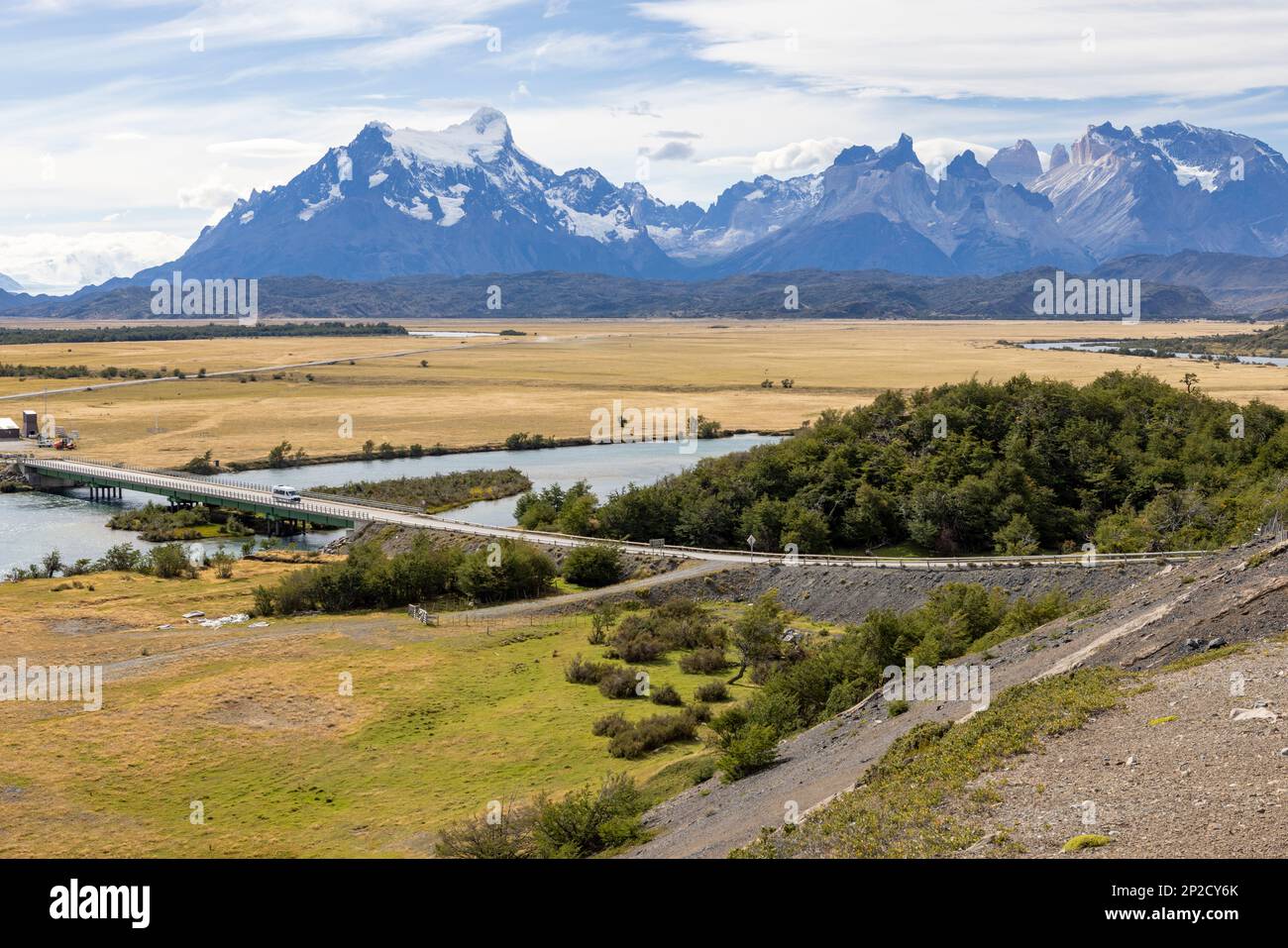 Patagonian forest, golden Pampas, River Serrano and snowy mountains of ...