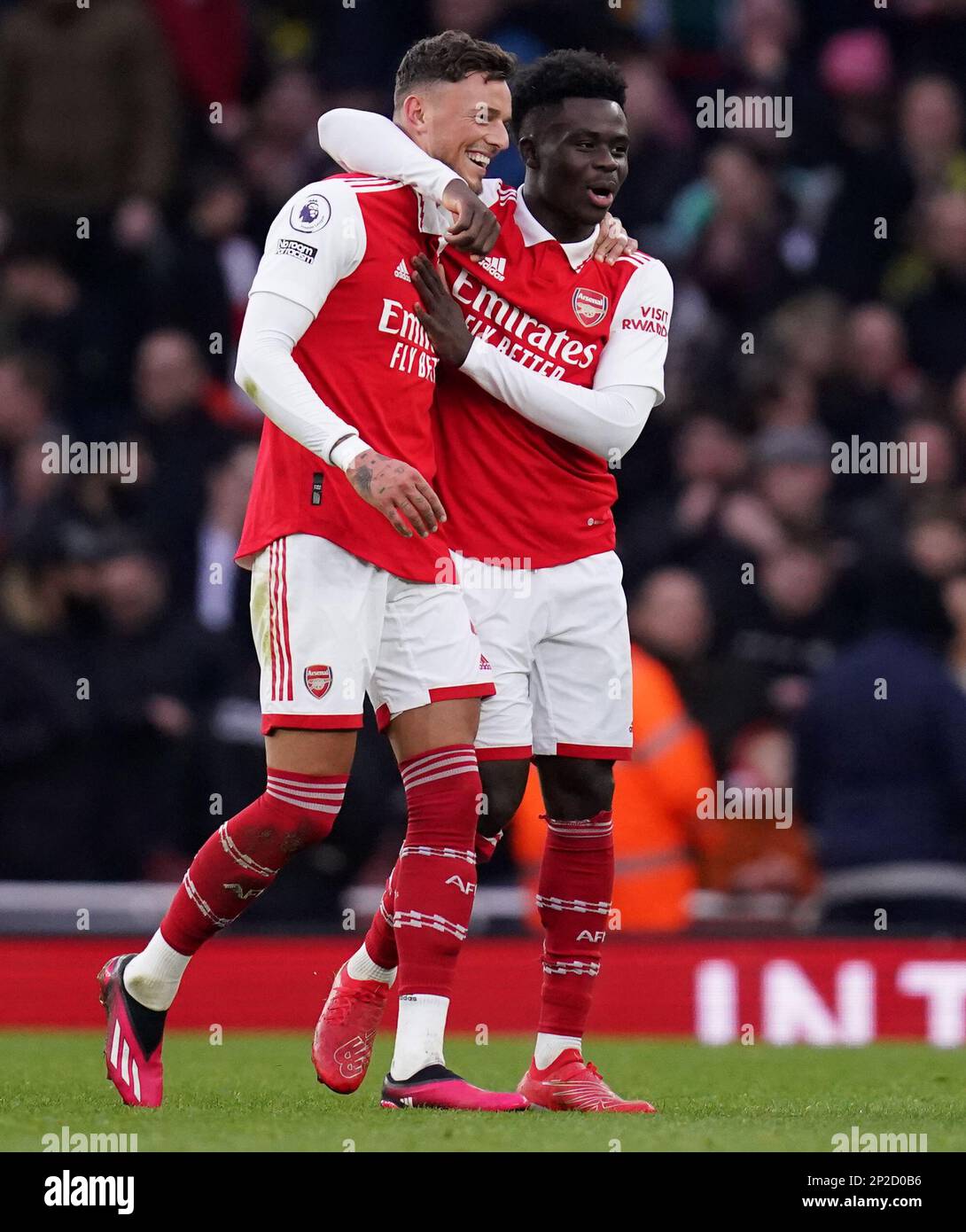 Arsenal's Ben White and Bukayo Saka celebrates at the final whistle ...