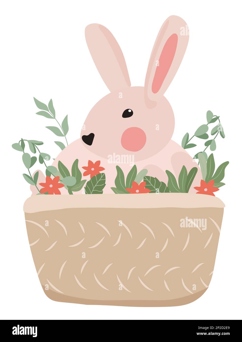 Cute rabbit in a basket with spring flowers and green leaves. Spring ...