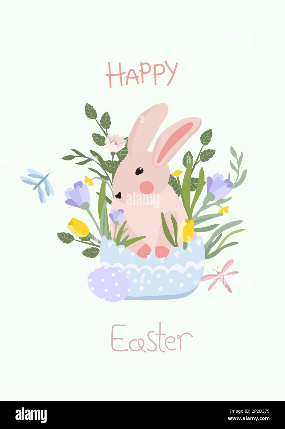 Cute composition with a rabbit sitting in a basket, spring flowers ...