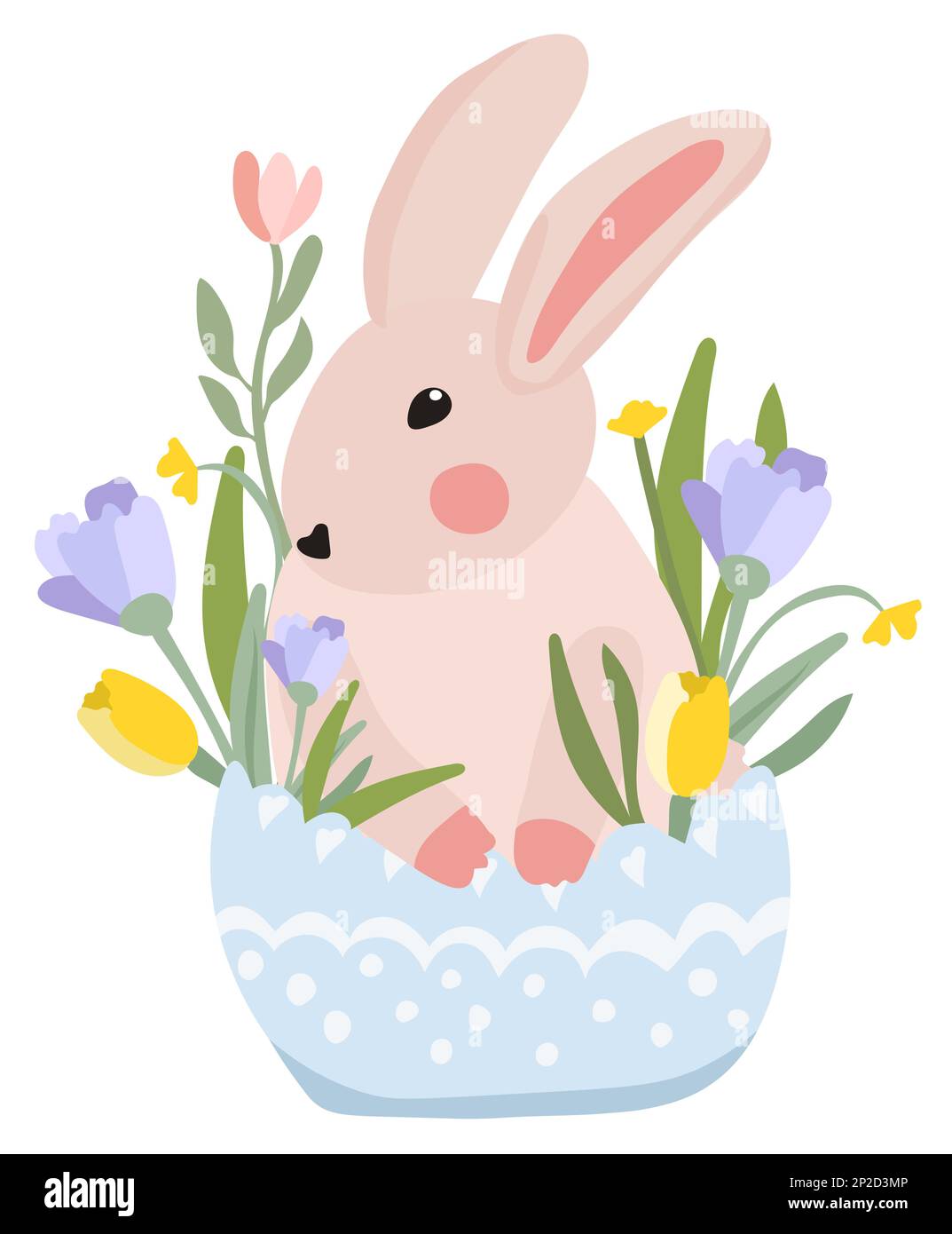 Cute rabbit in a basket with spring flowers and green leaves. Spring ...
