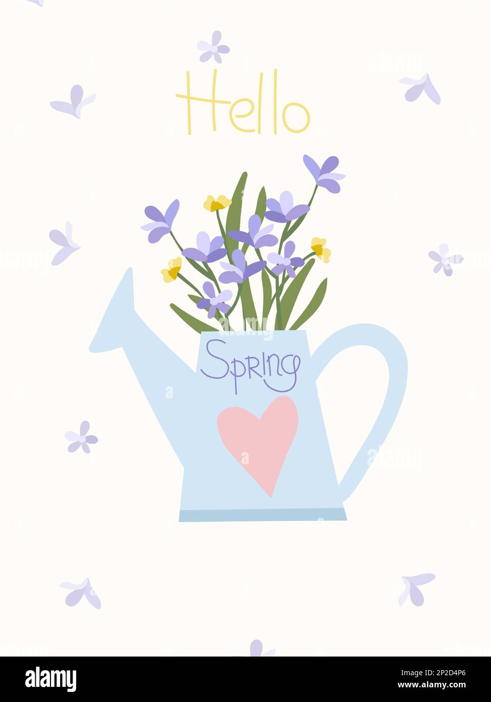 Blooming spring flowers and leaves in a watering can. Postcard Spring ...