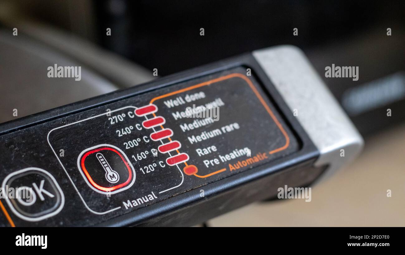 Electric grill power adjustment indicators and power button. The degree ...