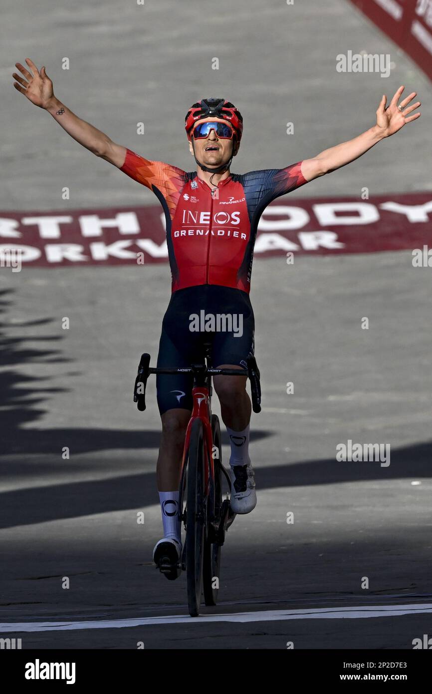 British Tom Pidcock of Ineos Grenadiers celebrates after winning the ...
