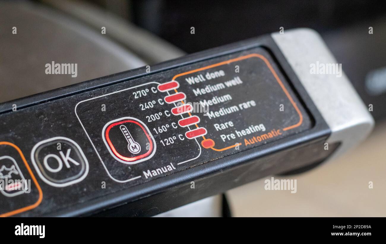 Electric grill power adjustment indicators and power button. The degree ...