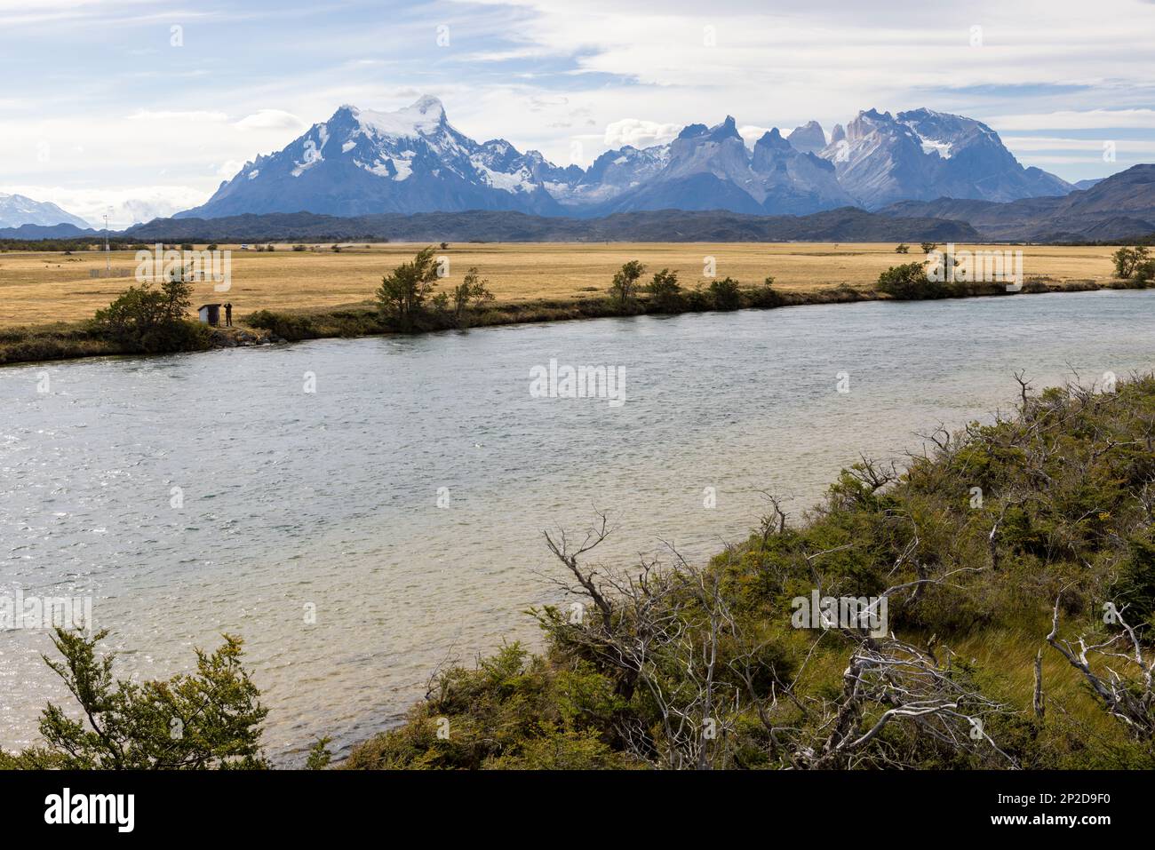 Patagonian forest, golden Pampas, River Serrano and snowy mountains of ...