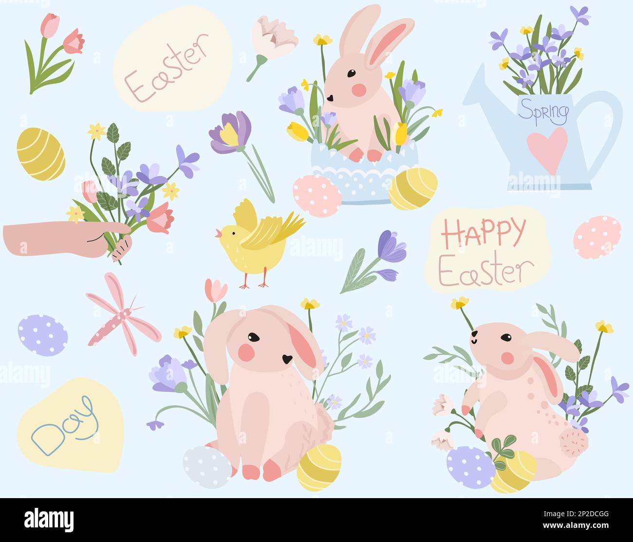 Happy Easter greeting card. Vector illustration with rabbit, spring ...