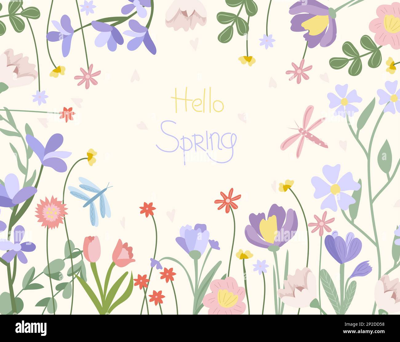 A bright composition with spring flowers, a butterfly, green leaves and the inscription Hello ...