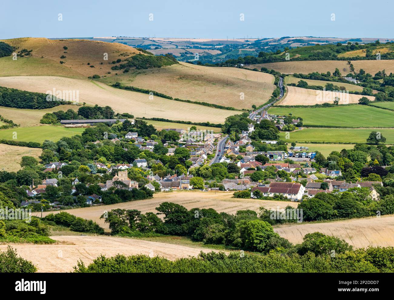 View across rolling hills of Chideock village, Dorset, Rngland, UK ...
