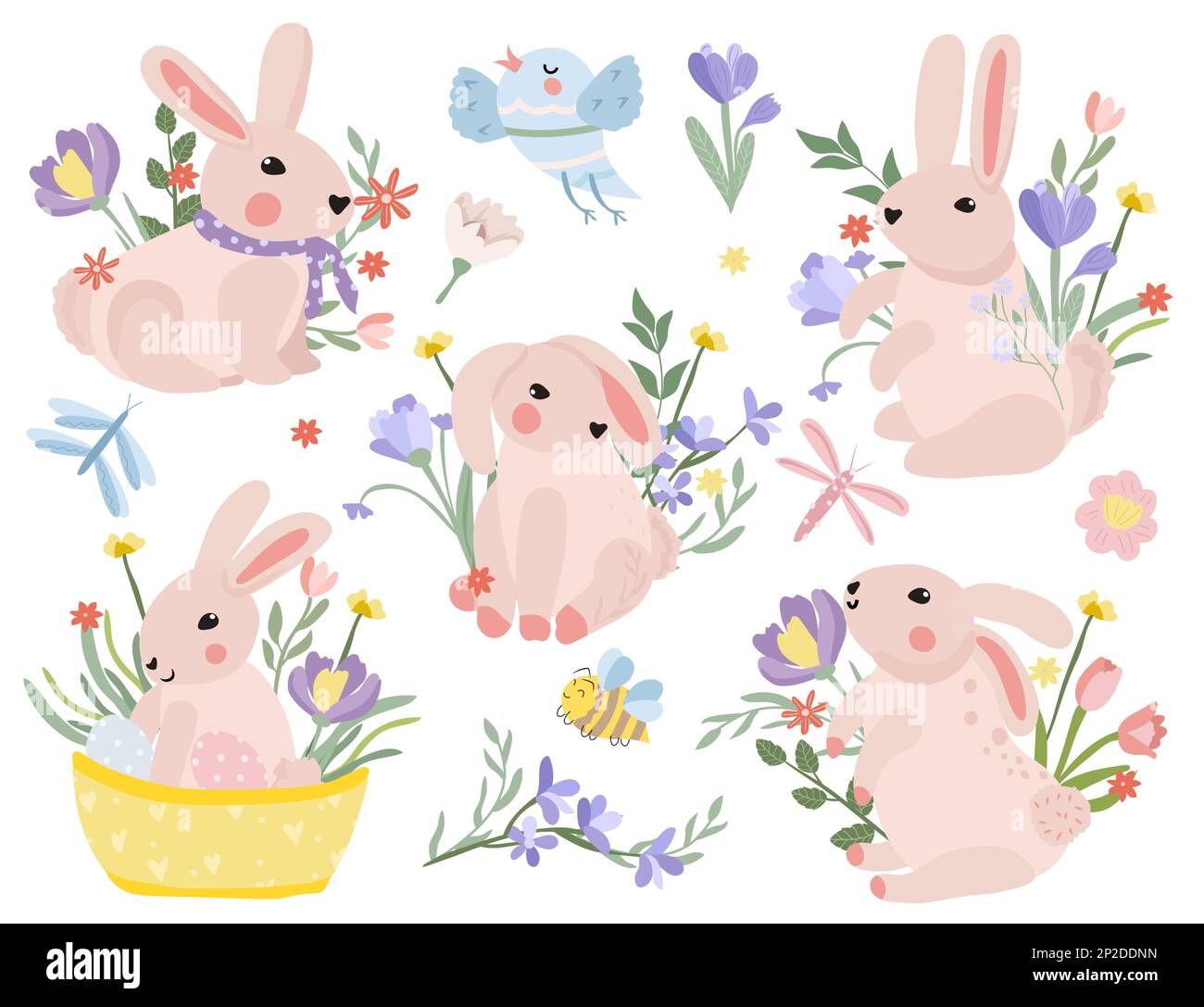 A collection of cute compositions with a rabbit sitting in a basket ...