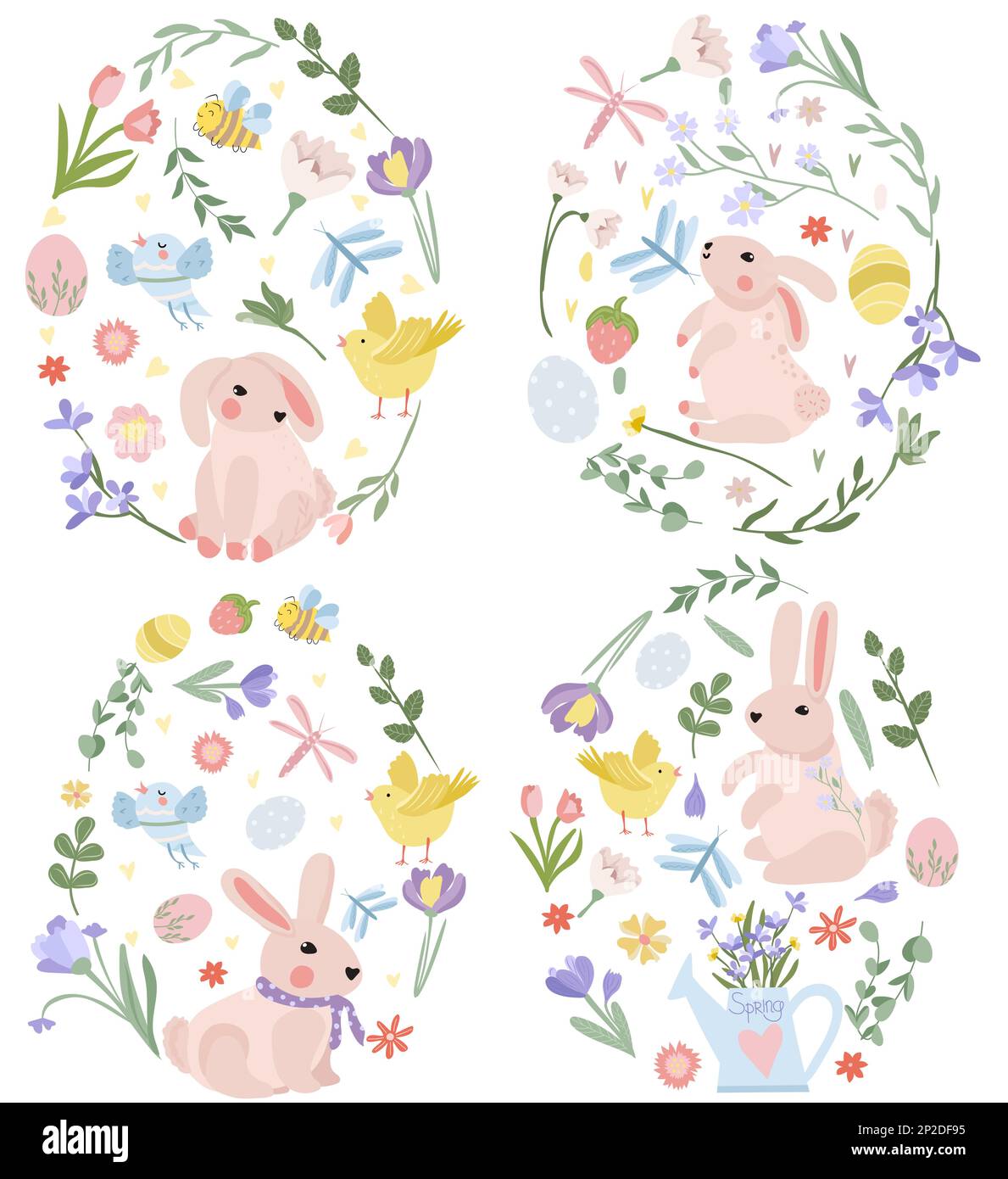 Easter egg from bright flowers, eggs, cute rabbit, chickens. Spring ...