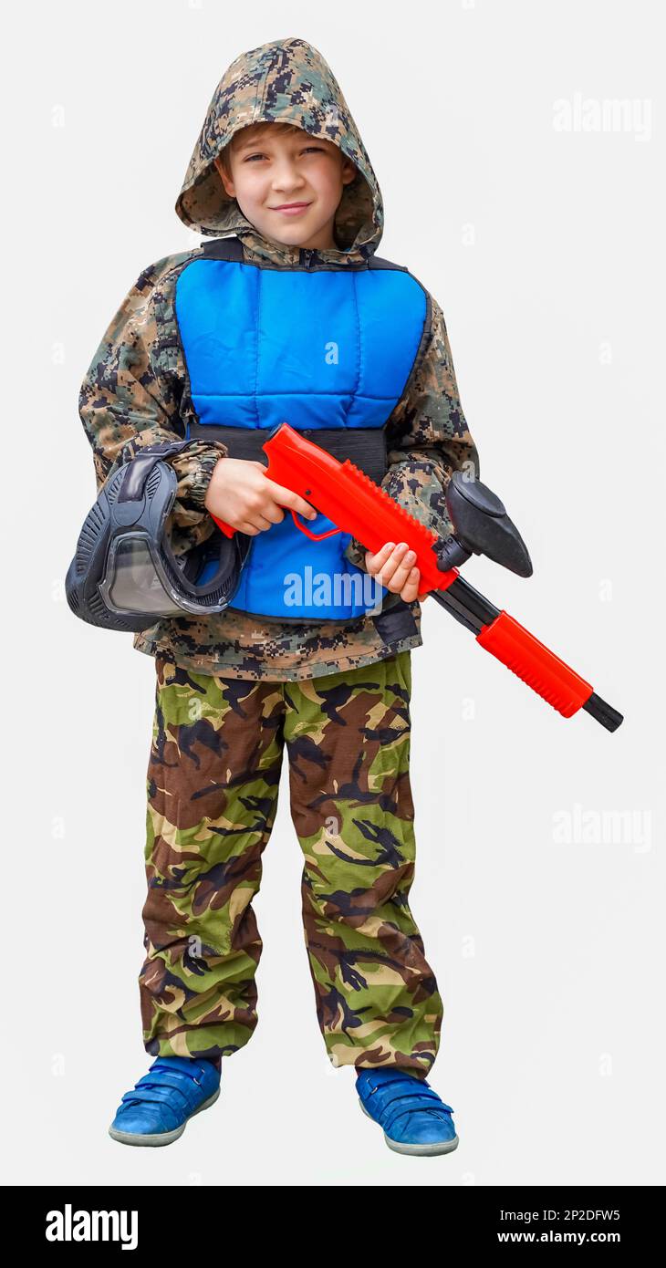 Paintball player boy isolated on white background. Portrait of a boy in ...