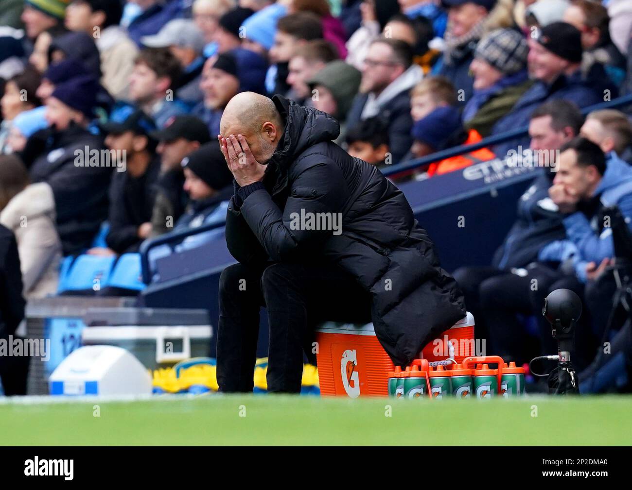 Manchester City manager Pep Guardiola appears dejected during the ...