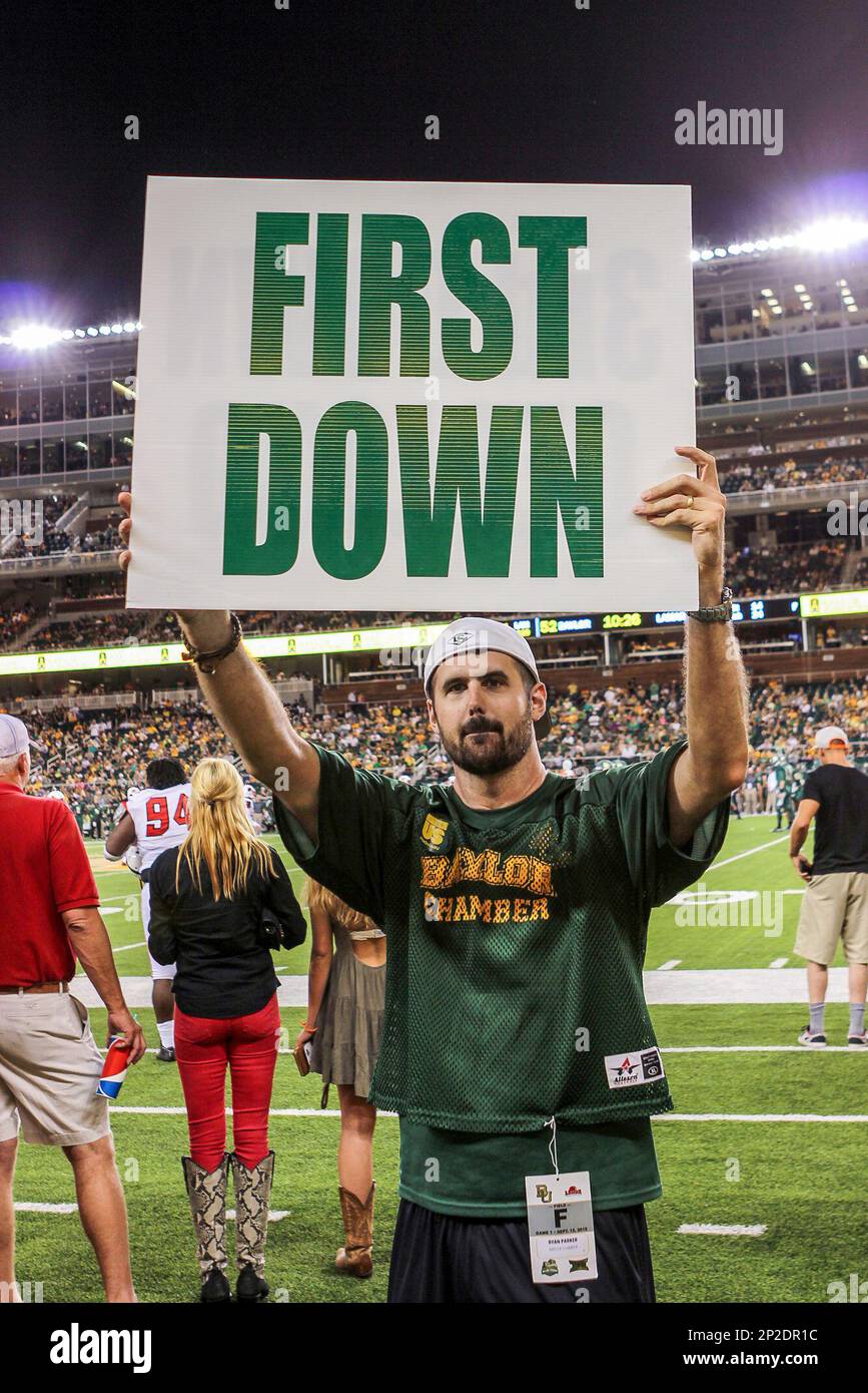 12 SEP 2015: A Baylor Bears fan squad member holds up a sign during the ...