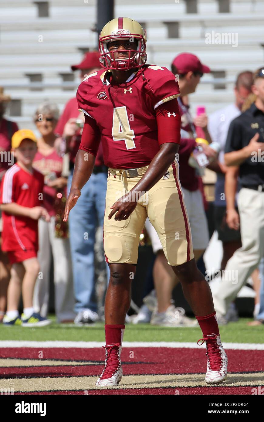 September 12, 2015: Boston College quarterback Darius Wade (4) warms up ...