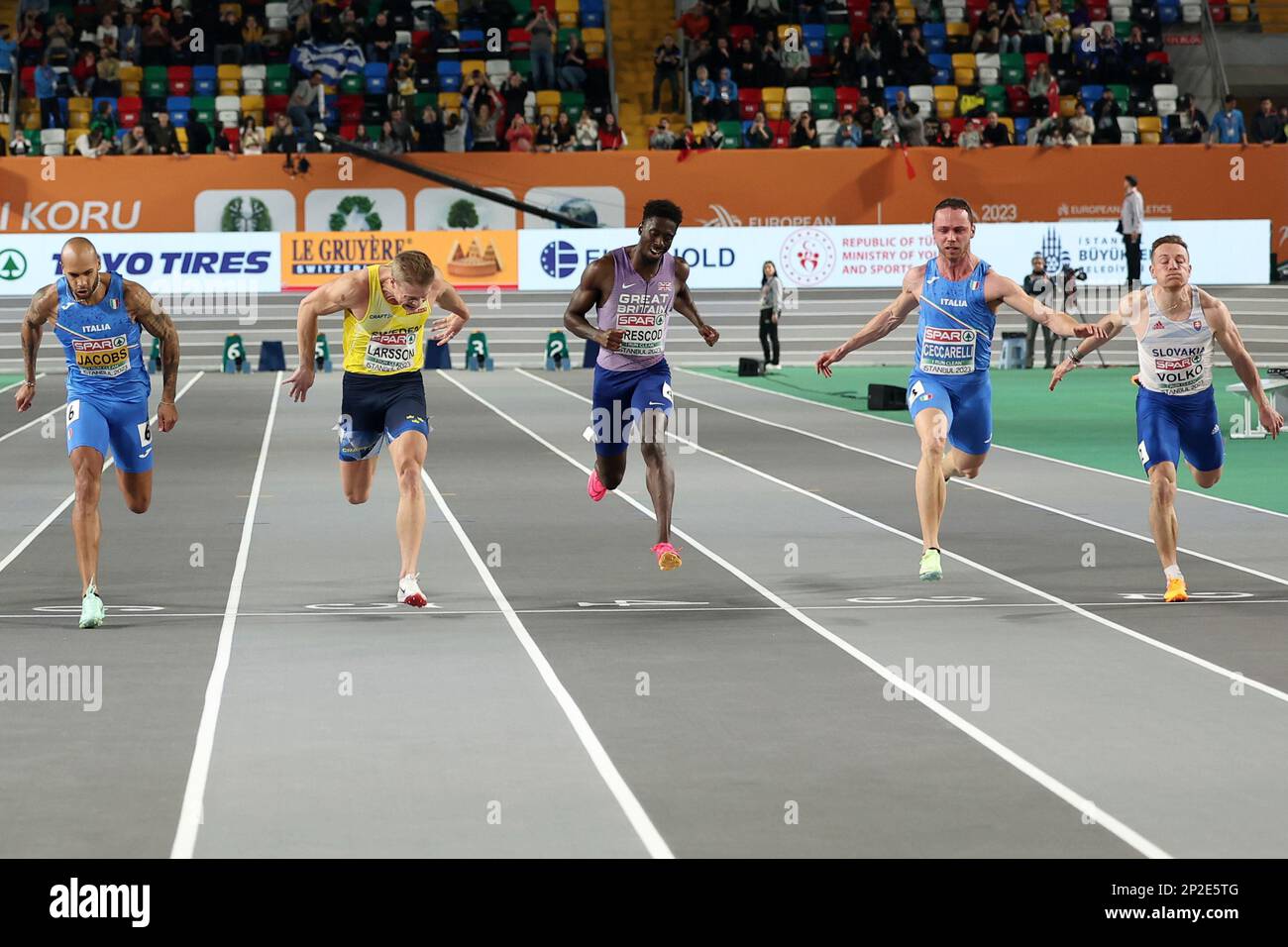 Lamont Marcell Jacobs, of Italy, Henrik Larsson, of Sweden, Reece ...