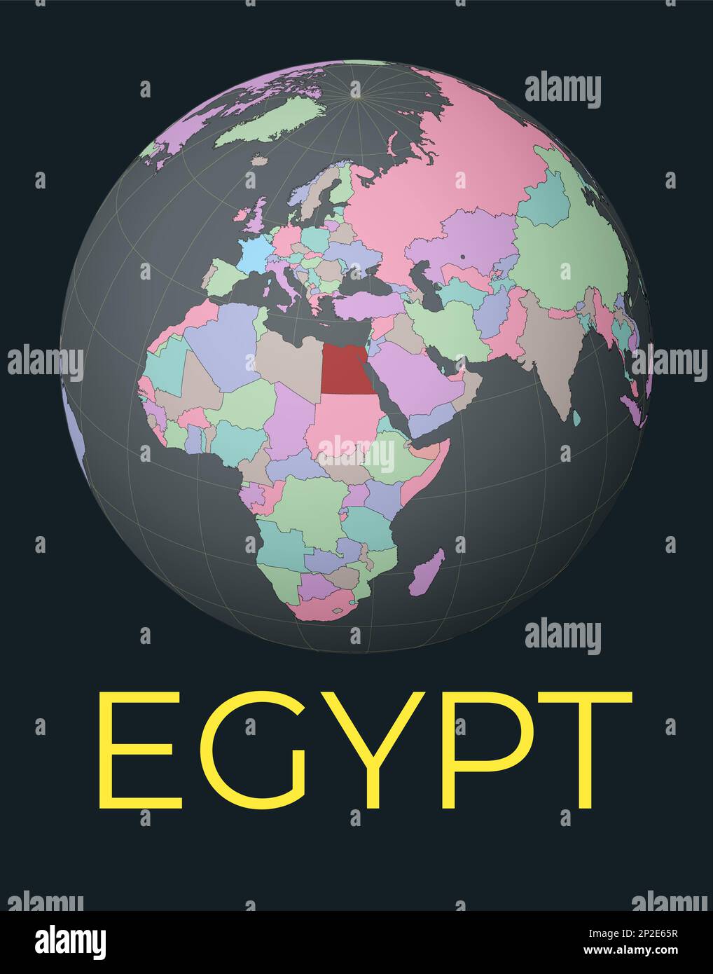 World map centered to Egypt. Red country highlighted. Satellite world ...
