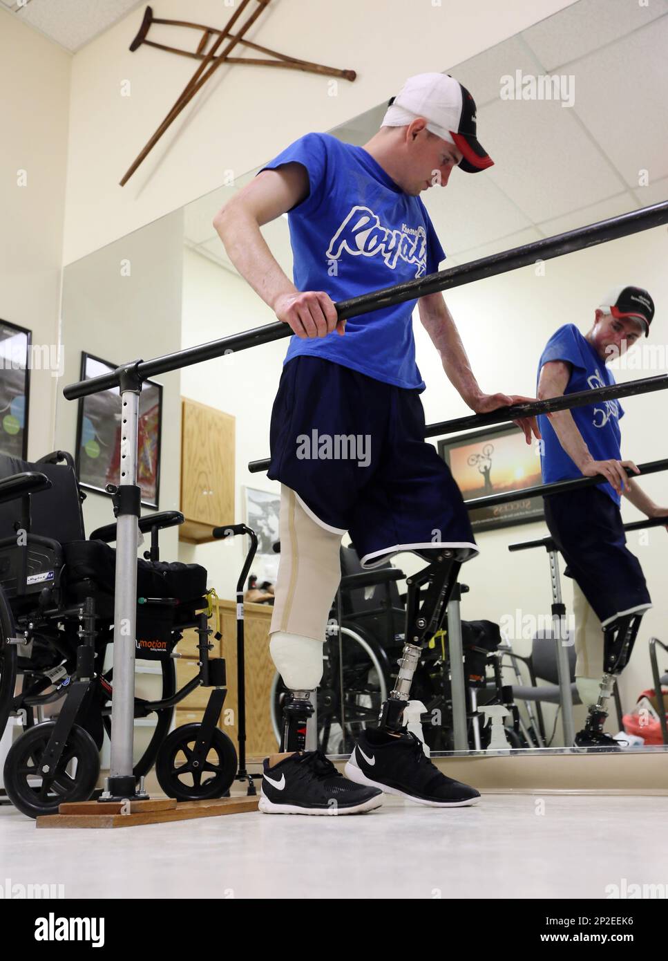 In this photo taken Aug. 25, 2015, Zach Short watches his stride in the ...
