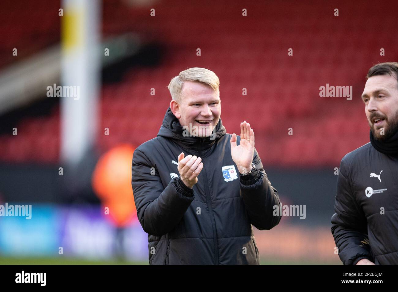 Peter Wild, manager of Barrow applauds the fans after during the Sky ...
