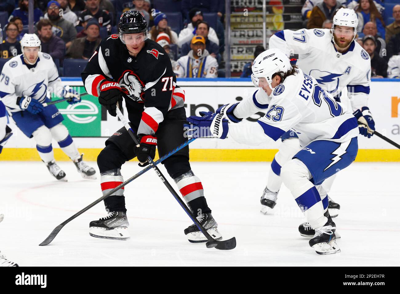 Buffalo Sabres left wing Victor Olofsson (71) is stick checked by Tampa ...