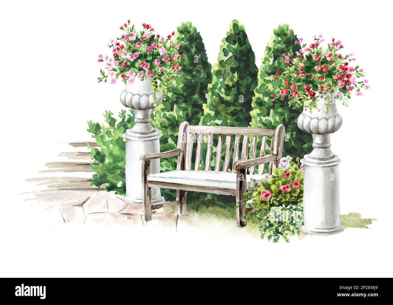 Garden bench among ornamental shrubs and flowers. Landscape design ...