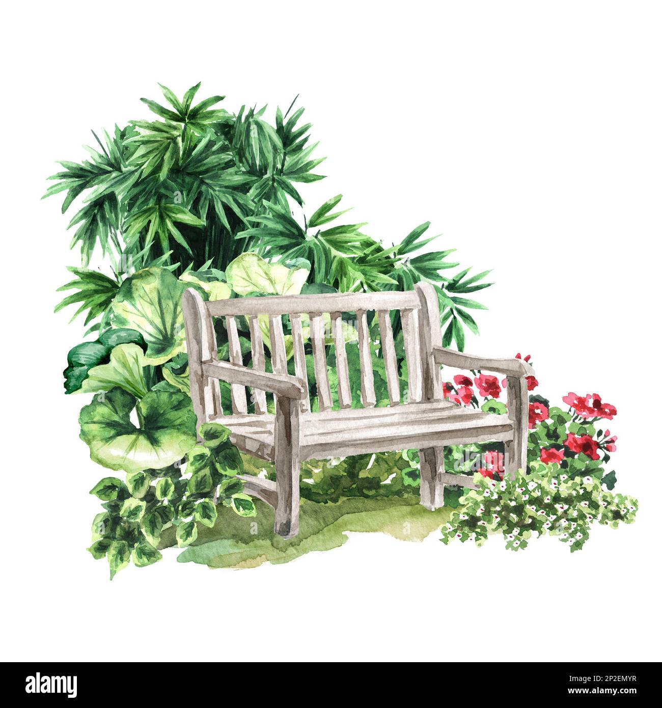 Garden bench among ornamental shrubs and flowers. Landscape design ...