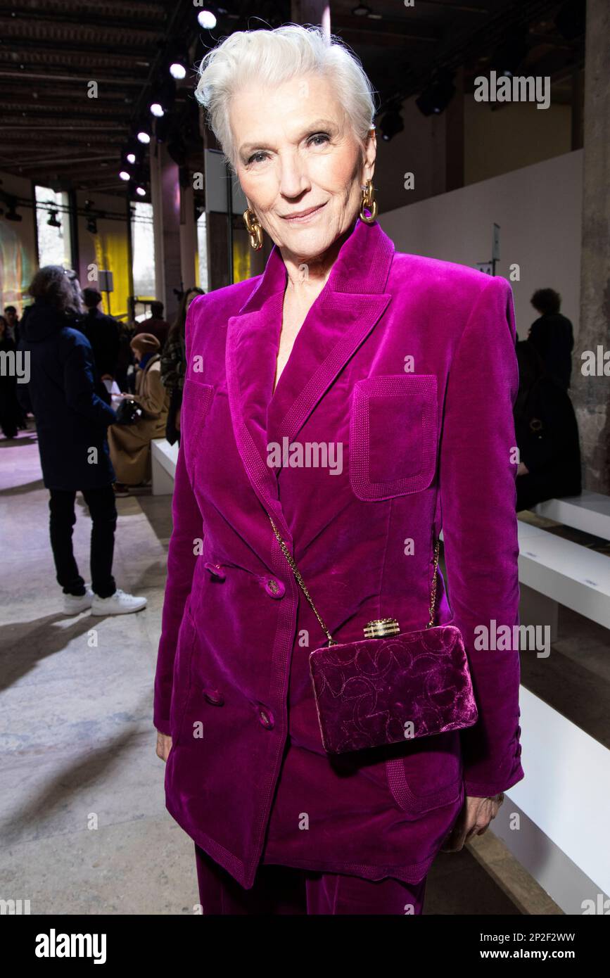 Maye Musk poses for photographers at the Elie Saab Fall/Winter 2023 ...