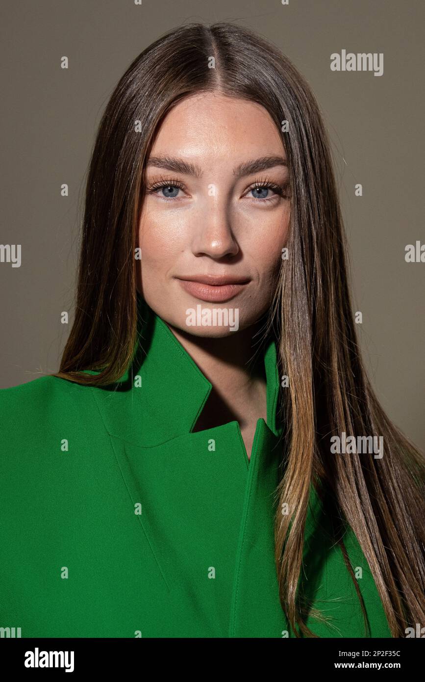 Lorena Rae poses for photographers at the Elie Saab Fall/Winter 2023 ...