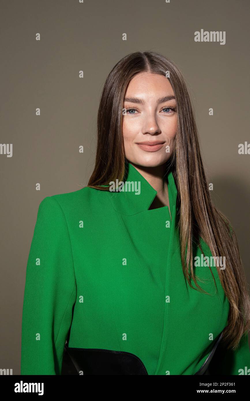 Lorena Rae poses for photographers at the Elie Saab Fall/Winter 2023 ...
