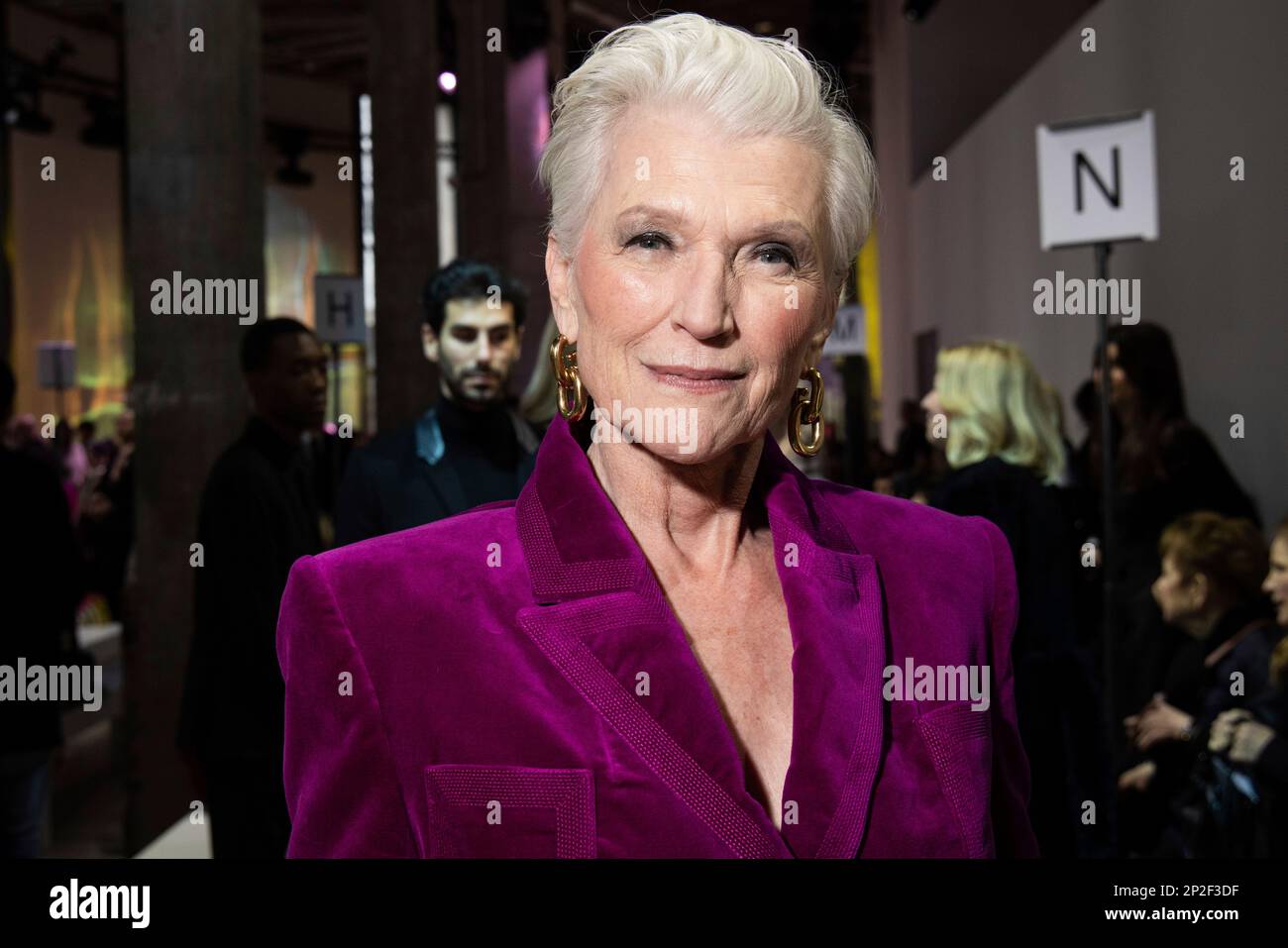Maye Musk poses for photographers at the Elie Saab Fall/Winter 2023 ...