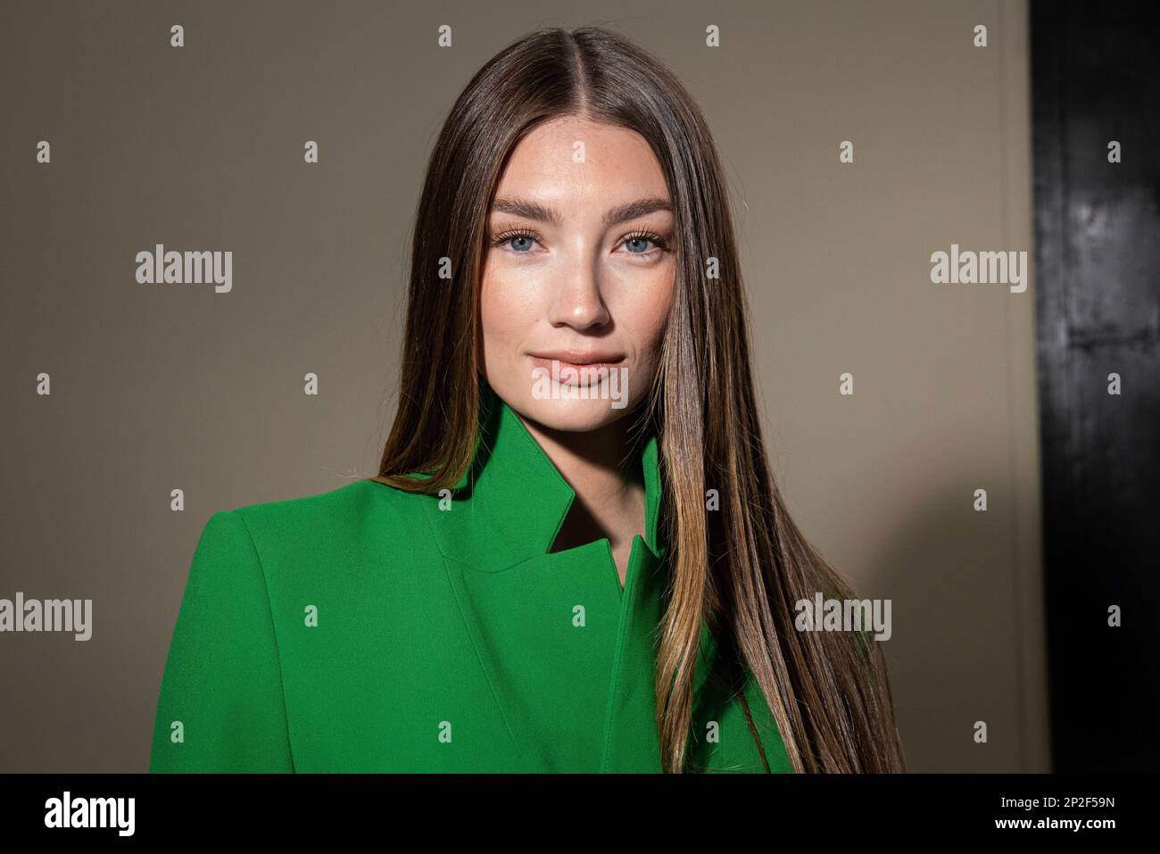 Lorena Rae poses for photographers at the Elie Saab Fall/Winter 2023 ...