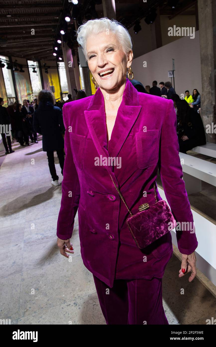 Maye Musk poses for photographers at the Elie Saab Fall/Winter 2023 ...