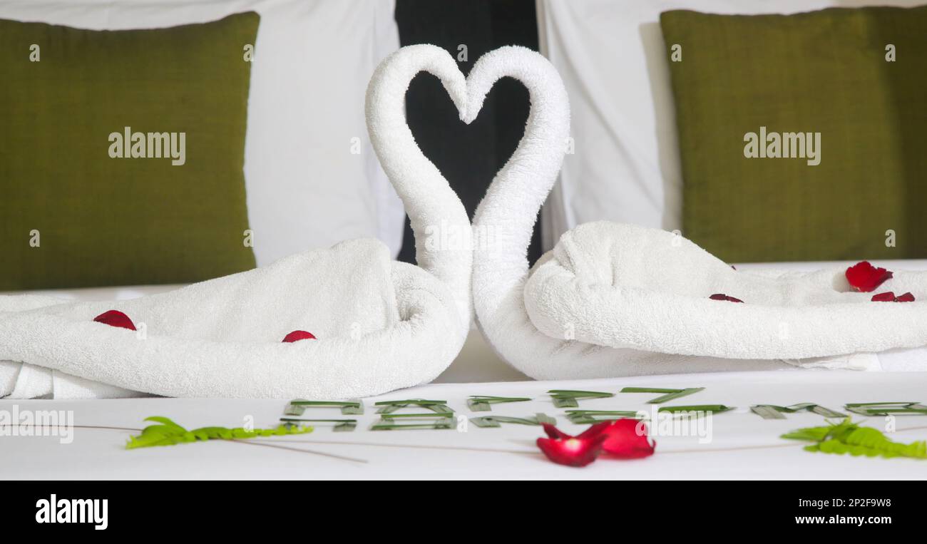 Luxury hotel bedroom interior with honeymoon decoration, Towel swans ...