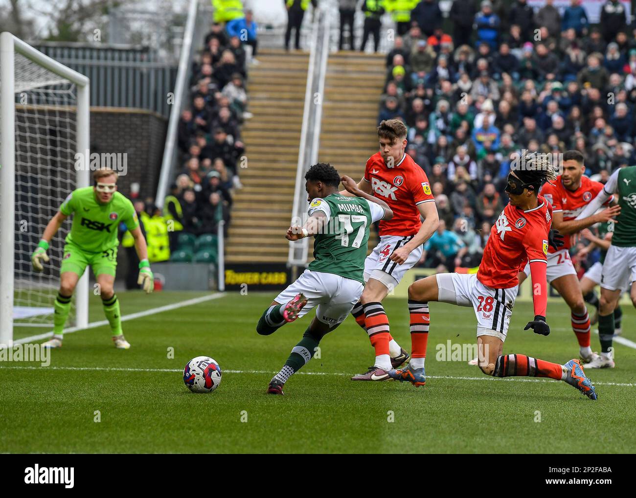 Plymouth Argyle full back Bali Mumba (17) crosses the ball in the box ...