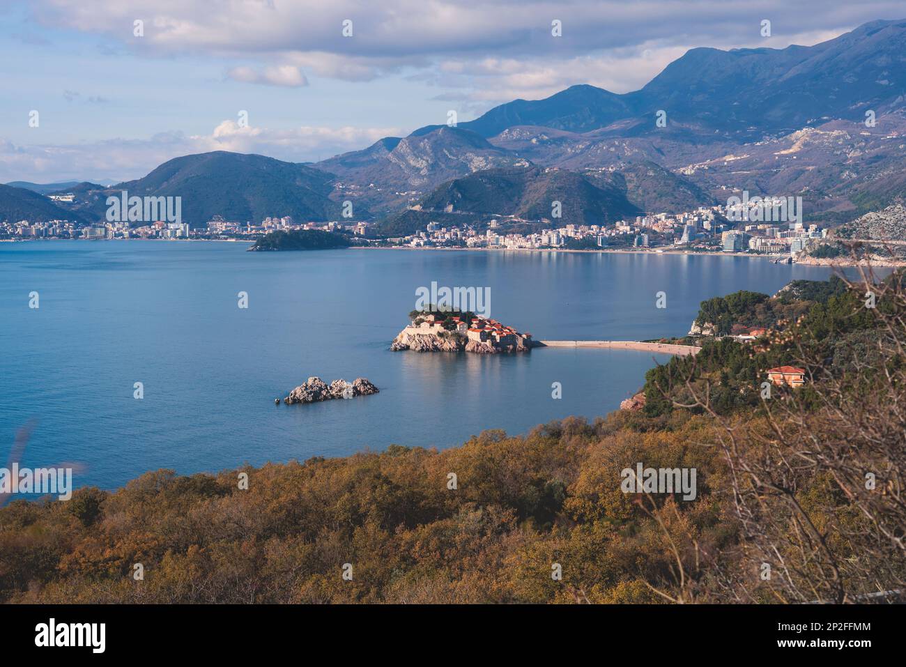 View of Sveti Stefan, a town in Budva Municipality, Budva Riviera, on ...
