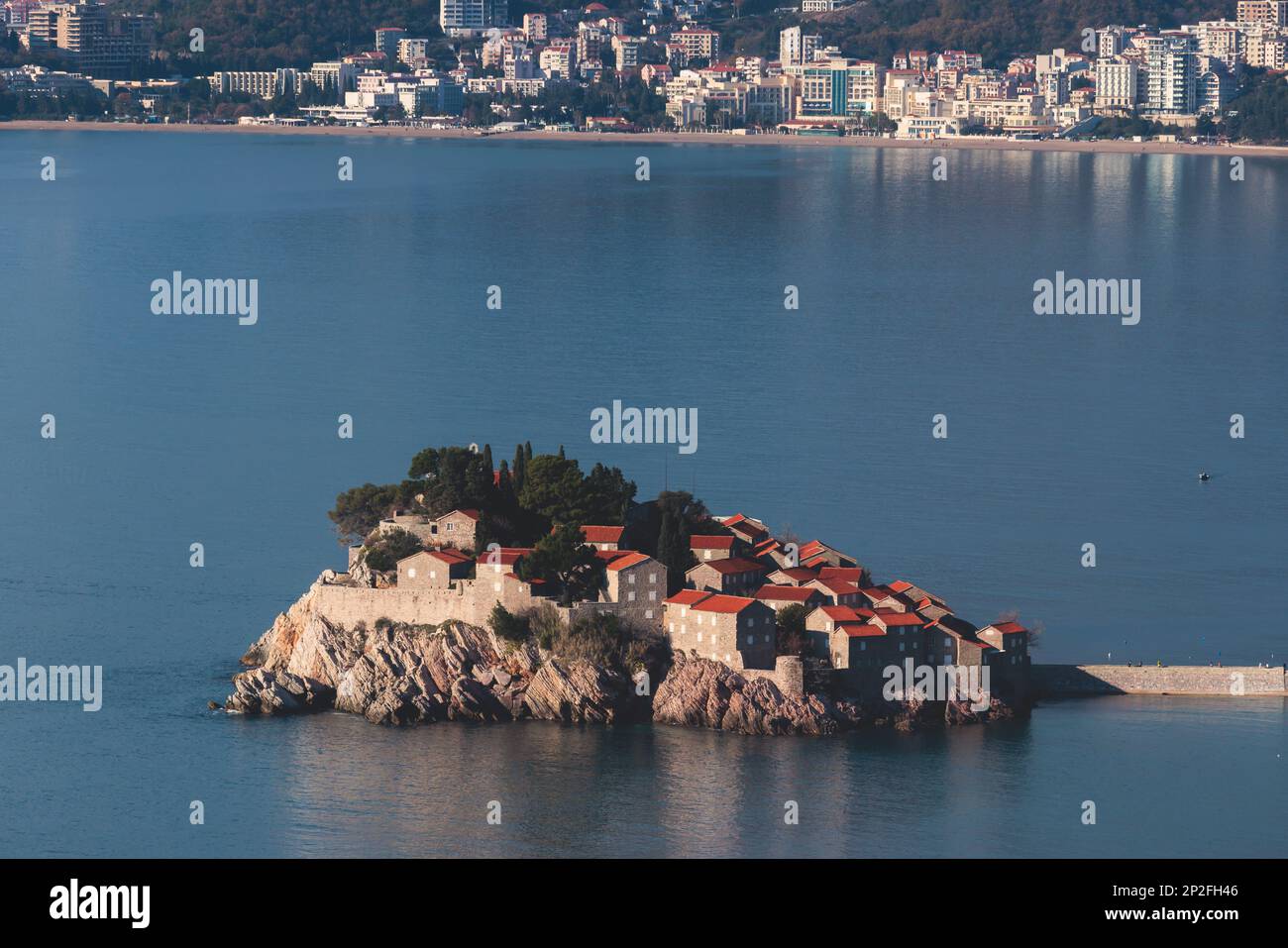 View of Sveti Stefan, a town in Budva Municipality, Budva Riviera, on ...