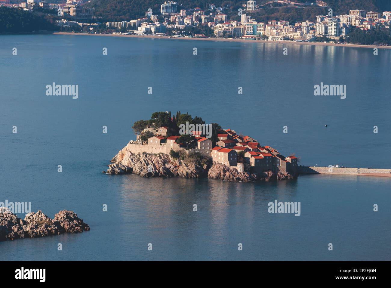 View of Sveti Stefan, a town in Budva Municipality, Budva Riviera, on ...