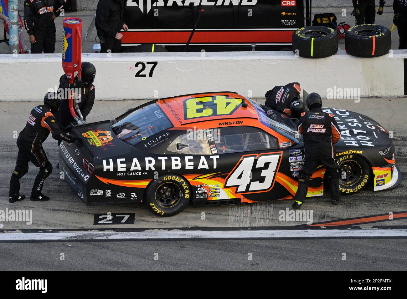 Ryan Ellis (43) makes a pit stop during NASCAR Xfinity Series auto race ...