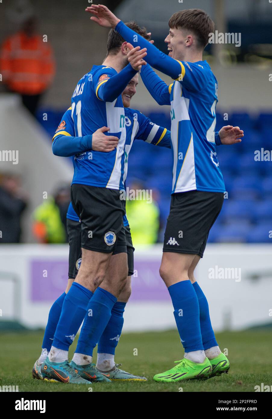 Chester, Cheshire, England 4th March 2023. Chester team celebrates Adam ...