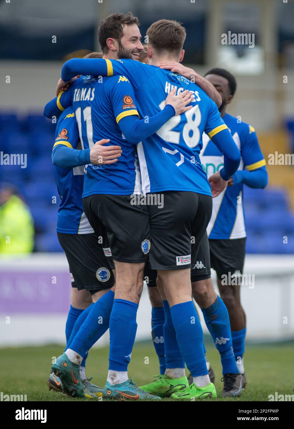 Chester, Cheshire, England 4th March 2023. Chester team celebrates Adam ...