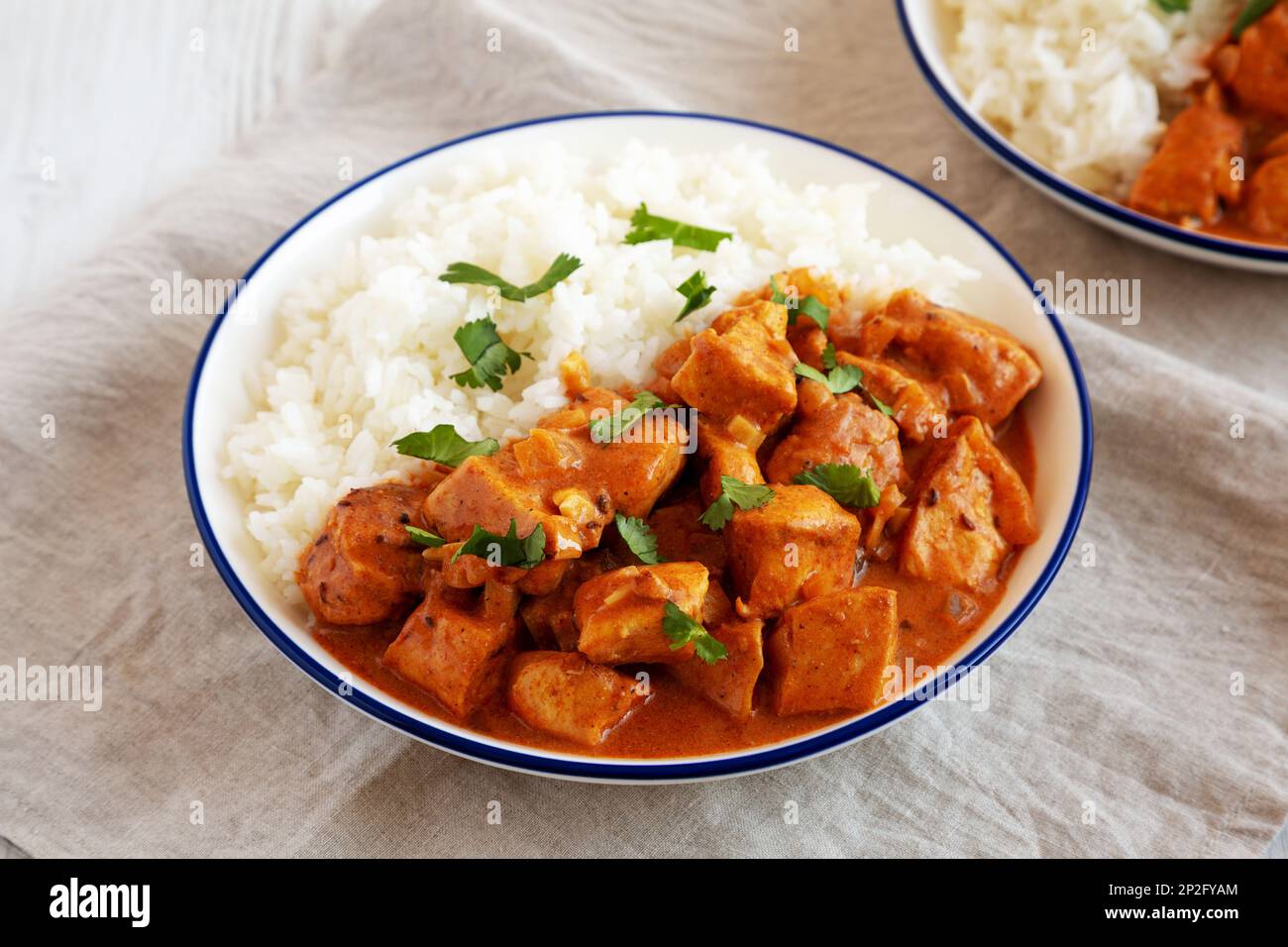 Homemade Easy Indian Butter Chicken with Rice on a Plate, side view ...