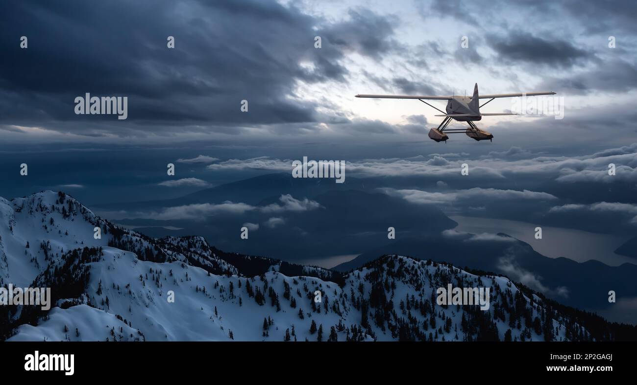 Single Engine Seaplane Flying over the Pacific Ocean West Coast Stock ...