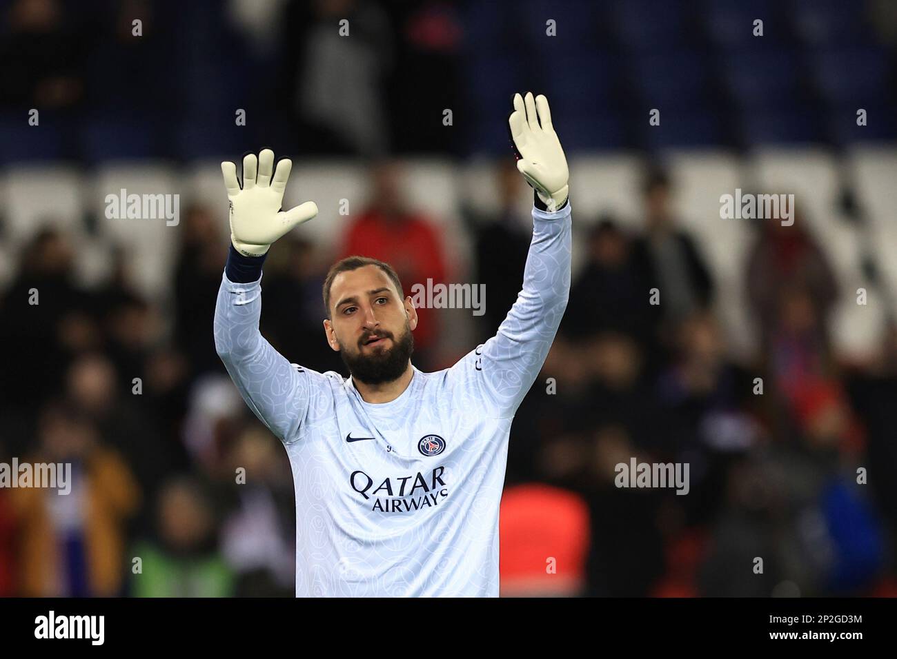 PSG's goalkeeper Gianluigi Donnarumma waves during warm up before the French League One soccer ...
