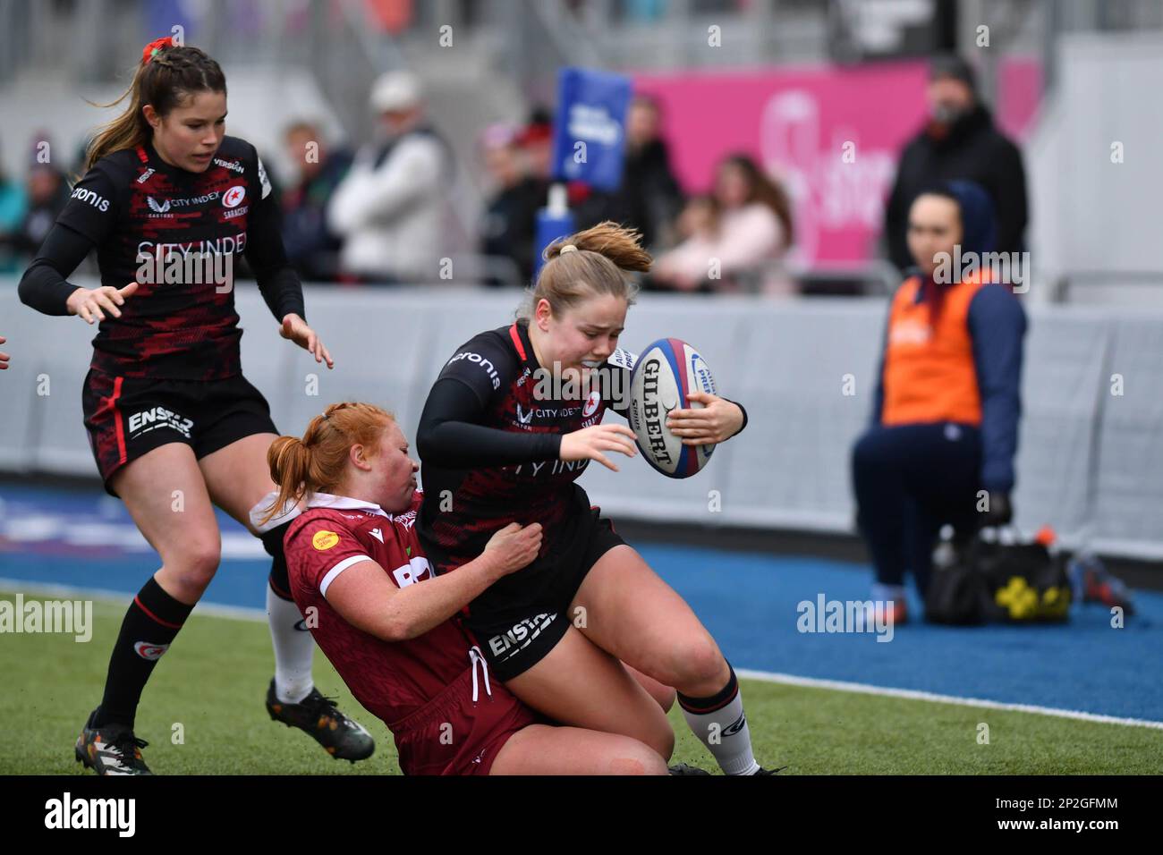London, UK. 04th Mar, 2023. Cara Wardle of Saracens Women is caught by ...