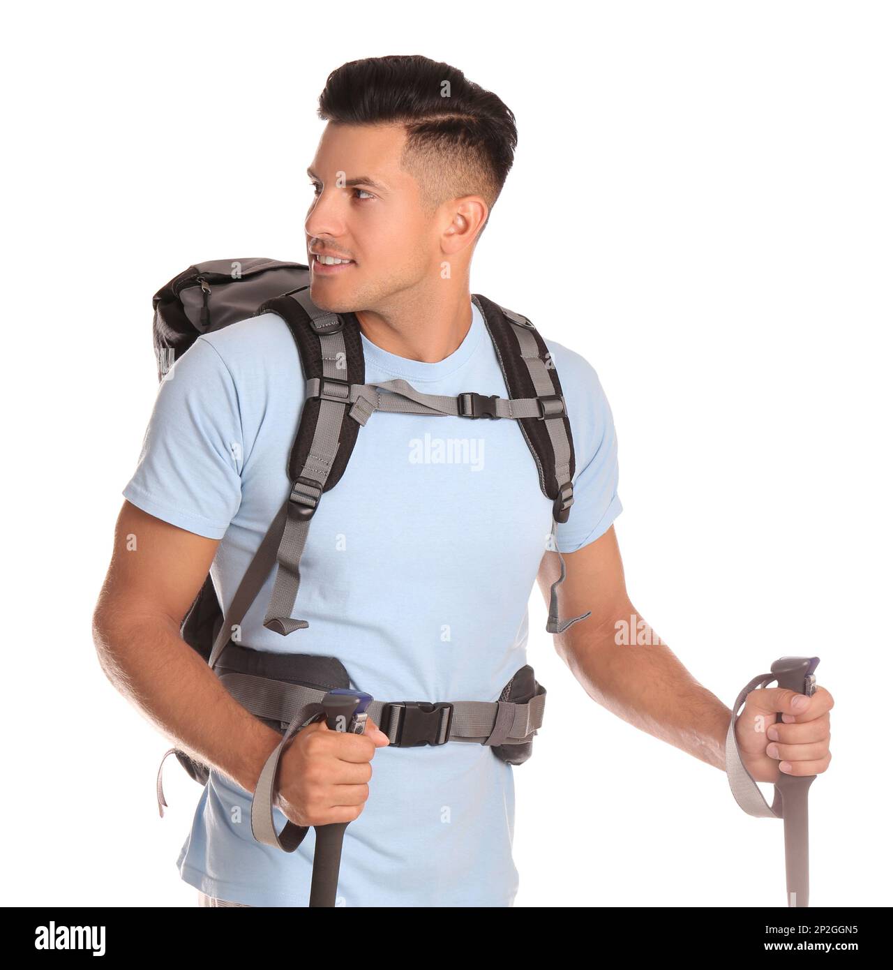 Male hiker with backpack and trekking poles on white background Stock ...